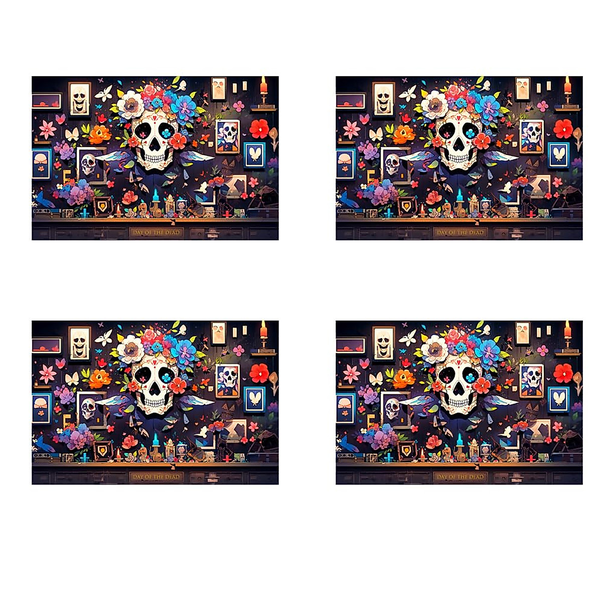 Day of The Dead Halloween Placemats Mexican Style Table Mats Colorful Flower Skull Table Placemat Dinner Mats for Dia De Los Muertos Halloween Home Kitchen Supplies, 4Pc
