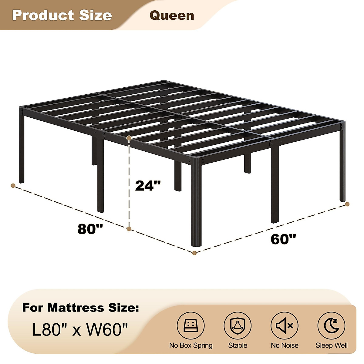 Likelalaso 24 Inch High Queen Bed Frame with Rounded Corner, Heavy Duty Metal Bed Frame Queen Size Under-Bed Storage Space, No Box Spring Needed, Noise Free, Easy Assembly, Black