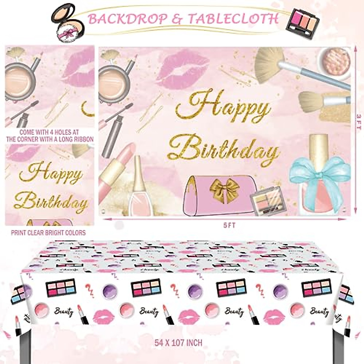 233 PCs Spa Party Supplies for Girls, Hombae Spa Makeup Salon Cosmetics Birthday Decorations Backdrop Balloon Garland Banner Tablecloth Cake Cupcake Topper Plate Napkin Cup Straw Knife Fork Spoon