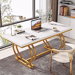 Tribesigns 70.9" Executive Desk, Large Modern Office Desk Computer Desk with Gold Metal Frame, Conference Table Meeting Room Table for Home Office, White and Gold