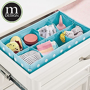 mDesign Fabric Divided 8-Section Drawer Organizer Bin, Kid/Baby Nursery Dresser, Closet, Shelf, Playroom Organization, Hold Clothes, Toys, Diapers, Bibs, Blankets, Turquoise Blue/White Polka Dot
