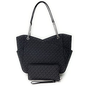 Michael Kors JST Large Chain Shoulder Tote JST Continental Wristlet (Black Signature)