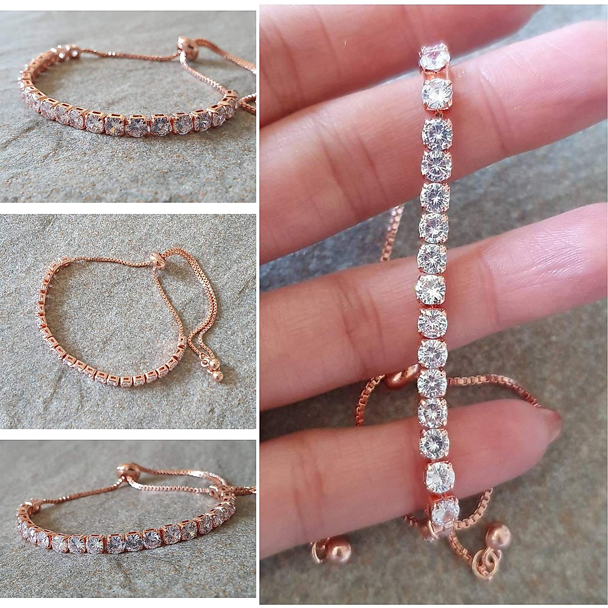 Starain Tennis Bracelets for Women White Cubic Zirconia Bling Bracelet,Rose Gold Copper Beaded Bracelet Cuff Bracelet Set