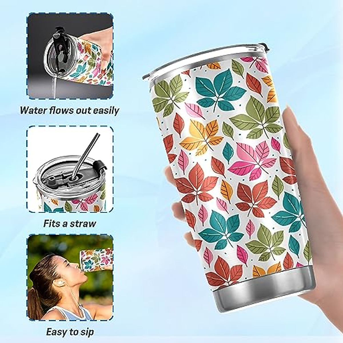 Autumn Leaves Travel Mug Insulated Tumbler with Lid and Straw Colorful Fall Stainless Steel Vacuum Double Walled Drinking Cup Keeps Drinks Cold & Hot Water Bottle for Travel Coffee Home School Office