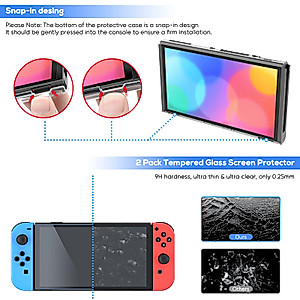 Case and Tempered Glass Screen Protector Compatible with Nintendo Switch OLED, Portable Travel Carrying Case Pouch with Pocket, Slim Protective Shell, Stand, Joystick Caps for Accessories and Games