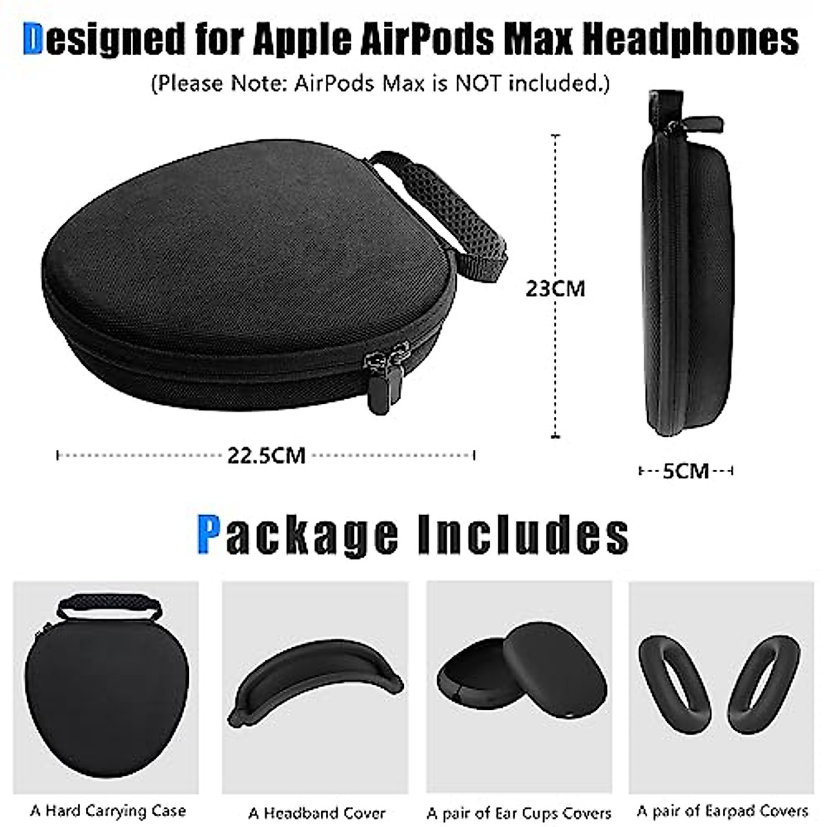 Hard Case for AirPods Max Headphone Supports Sleep Mode, Travel Carrying Case with AirPods Max Silicone Earpad Cover/Ear Cups Cover/Headband Cover, AirPods Max Protective Portable Storage Bag (Black)