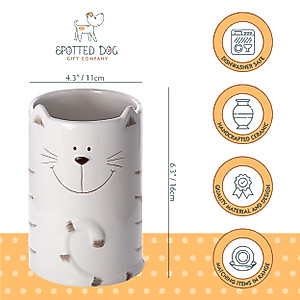 SPOTTED DOG GIFT COMPANY Ceramic Utensil Holder for Kitchen Counter, Utensil Crock for Countertop, Decorative Cat Themed Home Kitchen Decor Accessories, Gifts Cat Lovers, White 4.3" x 6.3"