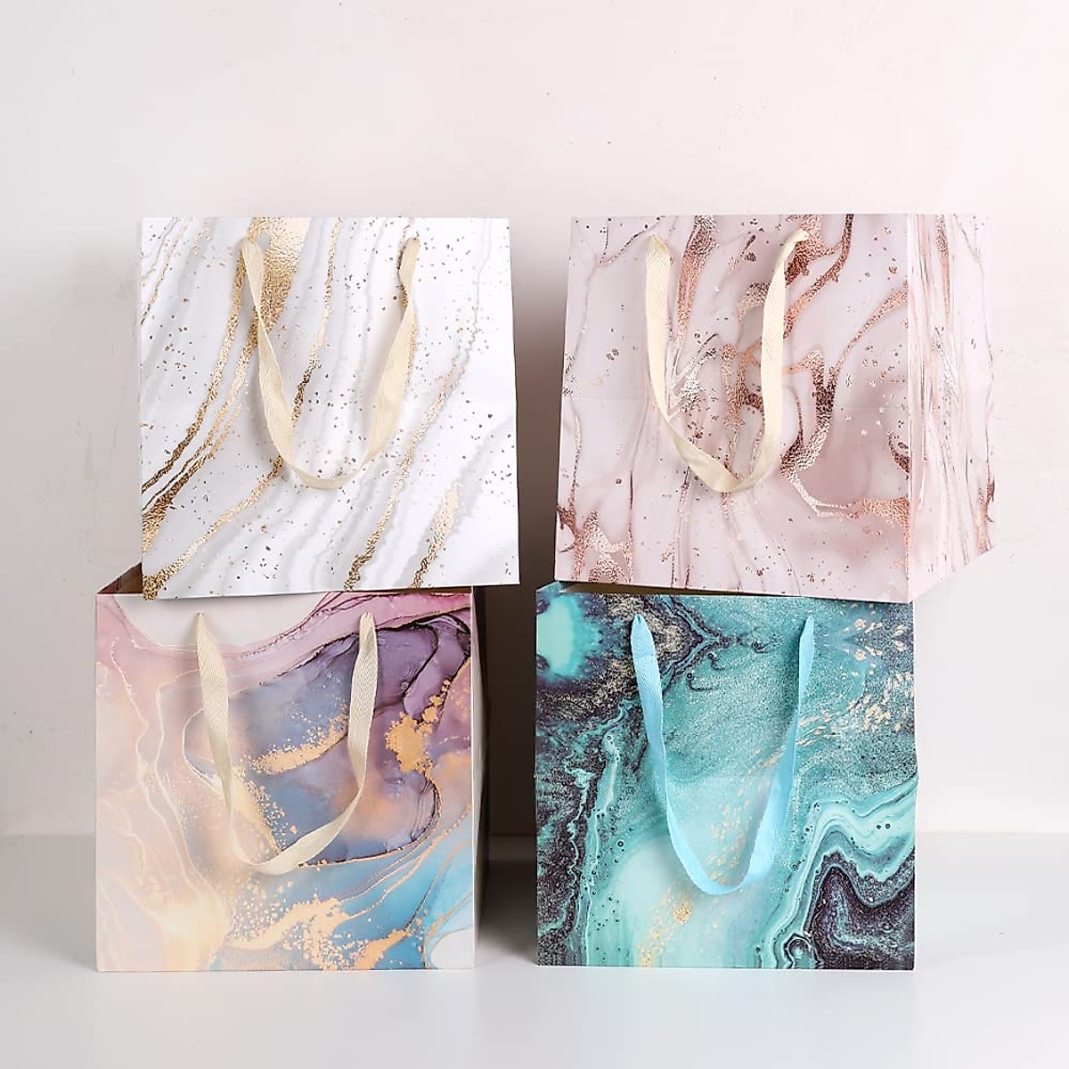 Yerpkefey 11.8" Large Gift Bags，Square Reusable Gift Bags Large for Birthday Wedding Christmas Presents Doll (White Gold)