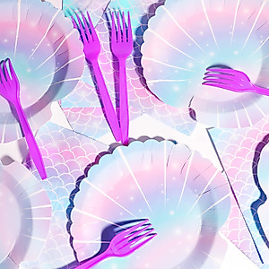 ZOIIWA 96 Pieces Mermaids Themed Party Decorations Mini Under the Sea Party Tableware for Girls Clam Shell Party Dessert Plates Napkins Forks for 24 Guests Birthday Party Favors