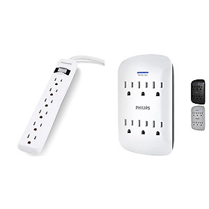 Philips 6-Outlet Surge Protector, 2 Ft Extension Cord & Surge Protector, Wall Tap, 900 Joules, Space Saving Design, 3-Prong, Protection Indicator LED Light, ETL Listed, White, SPP3461WA/37