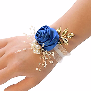 Snadulor 1 Pcs Wrist Flower,Wedding Bridesmaid Bride Wrist Corsage Decoration Hand Flower,Royal Blue