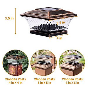 HUYIENO Solar Post Cap Lights Outdoor LED Lighting Deck Fence With Two Light Modes Warm White/Bright White Suitable for 4x4 Wooden Posts Brushed Copper 6PK