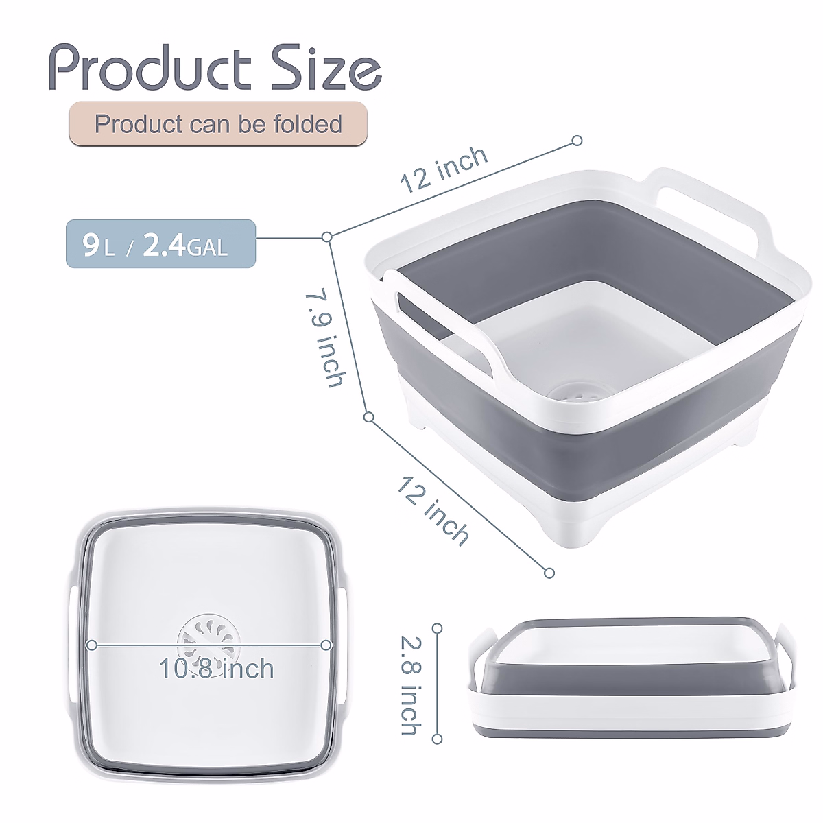 Goderewild 2.4 Gal(9L) Collapsible Dish Basin with Drain Plug, Space Saving Outdoor Multiuse Foldable Sink Tub, Dishpan, Kitchen Storage Tray for Camping, Vegetable Washing, RV