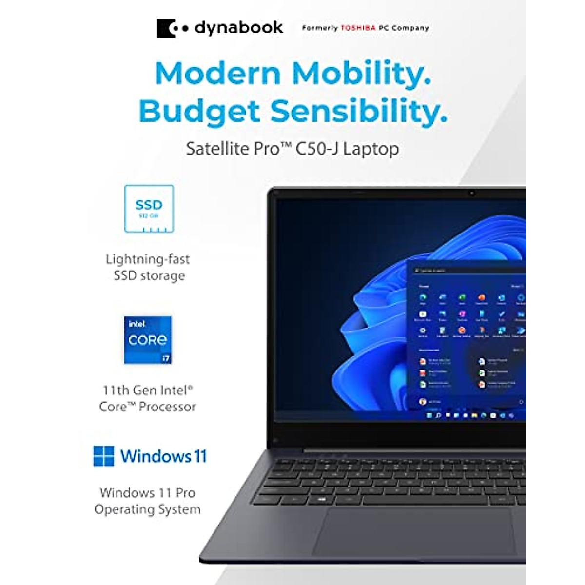 DYNABOOK Satellite Pro C50-J15250 Laptop, 11th Gen Intel Core i7-1165G7, Windows 11 Pro, 16 GB RAM, 512 GB SSD, 15.6" FHD Display, Intel UHD Graphics, Thin & Light, Full-Size Keyboard (PYS43U-00F00)