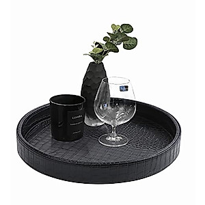 HofferRuffer Faux Leather Round Serving Tray, Vegan Croco Leather Decorative Tray, Food Tray for Storage Drinks, Snack & Cosmetics, Dia.12'' x 1.6'' (Black)