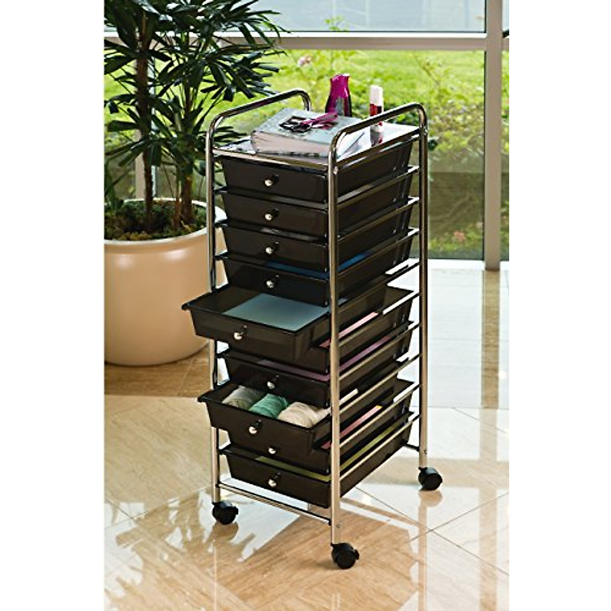 Seville Classics Rolling Utility Organizer Storage Cart for Home Office, School, Classroom, Scrapbook, Hobby, Craft, 10 Drawer, Black