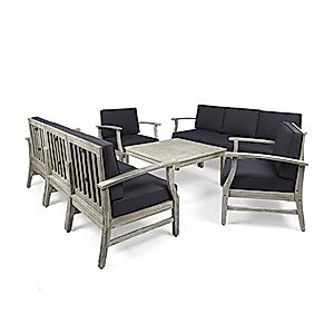 Great Deal Furniture Lorelei Outdoor 9 Piece Acacia Wood Sofa Conversational Set, Light Gray and Dark Gray