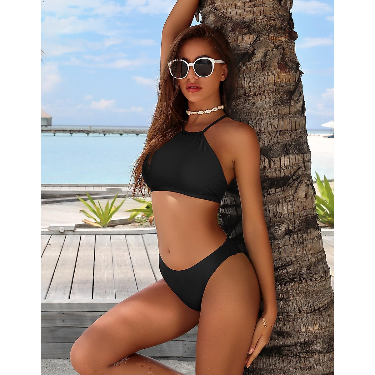 beautyin Womens High Neck Swimsuit Bikini Sets Halter Padded Bathing Suit Black
