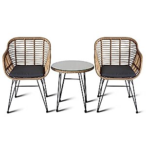 SereneLife 3 Piece Chat, Outdoor Living Rattan Furniture Set Includes 2 Single Chairs w/Cushions and 1 Glass-top Coffee Table (Brown)