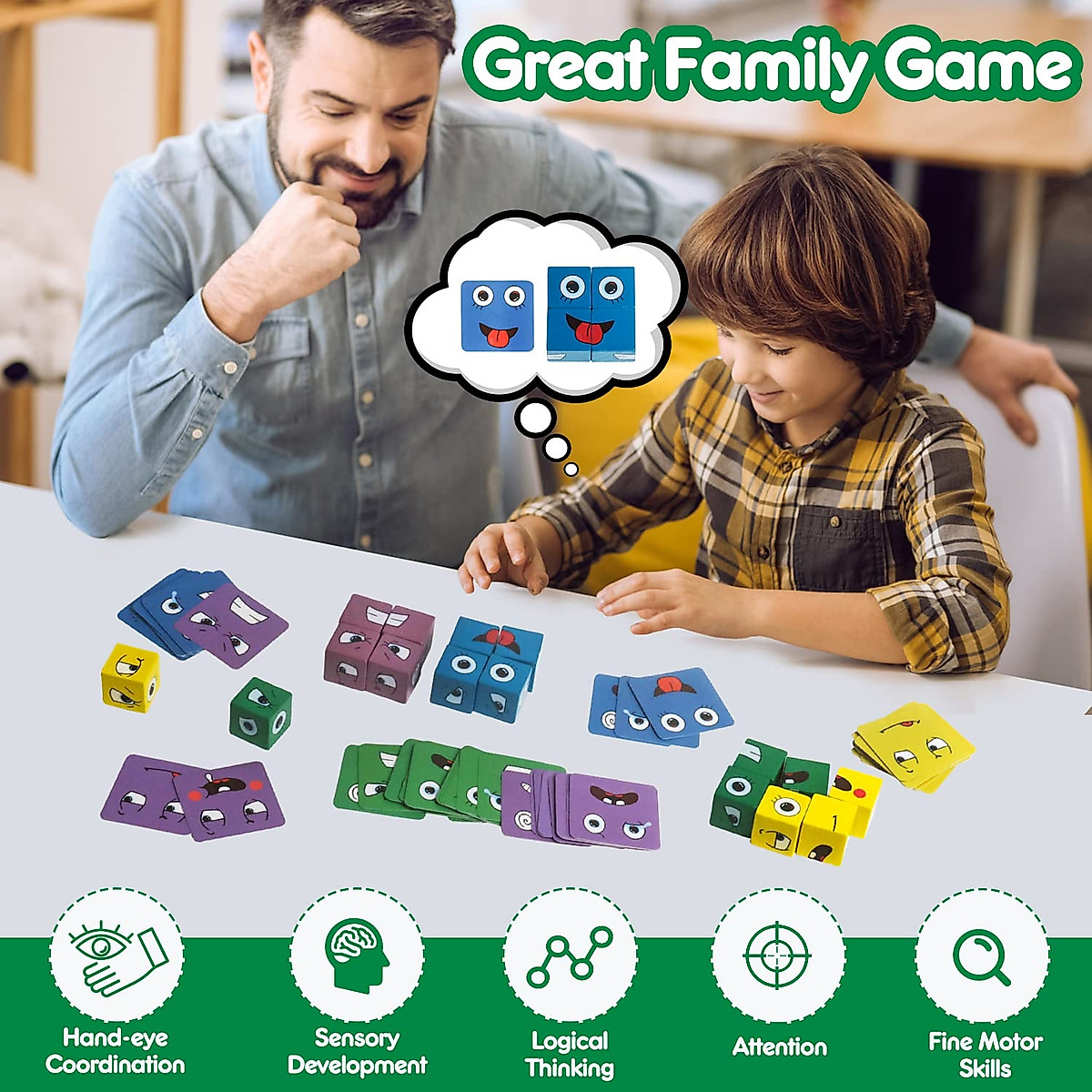 RAEQKS Wooden Expressions Building Block Brain Teasers Puzzle Magic Face Changing Cube Educational Montessori Toys Family Board Games Matching Puzzles Set for Toddlers Kids Aged 3 4 5 6 Years and Up
