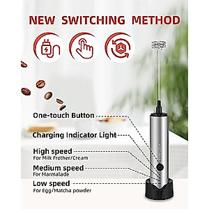KURSINNA Electric Rechargeable Milk Frother Handheld, USB-Charge Hand Frother with 2 Stainless Whisks, Manual Foam Maker for Coffee Lattes, Matcha, Cappuccino (3 Speed with USB Charge)