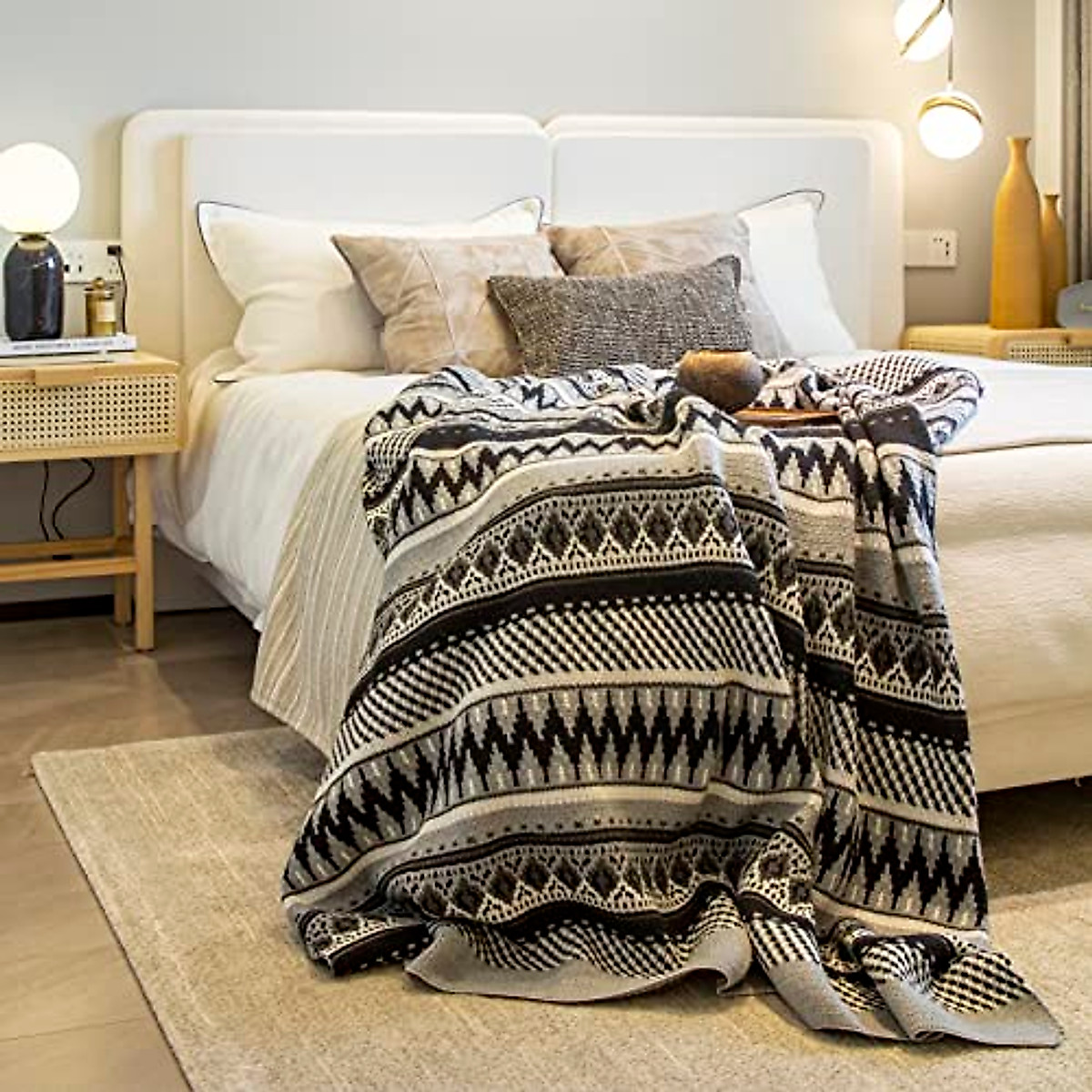 BlossoME Knit Blanket Throws 50”*66” Black/All Season Boho Throws/Decorative Blanket Throws for Chairs, Couch, Sofas, Beds/Black & Grey Thermal Throw Blankets for Gifts