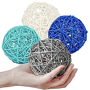 DomeStar Extra Large Rattan Balls, 4 Inches Wicker Balls Decorative Balls Natural Decorative Wicker Rattan Balls Orbs Vase Fillers Blue, White, Grey and Cerulean