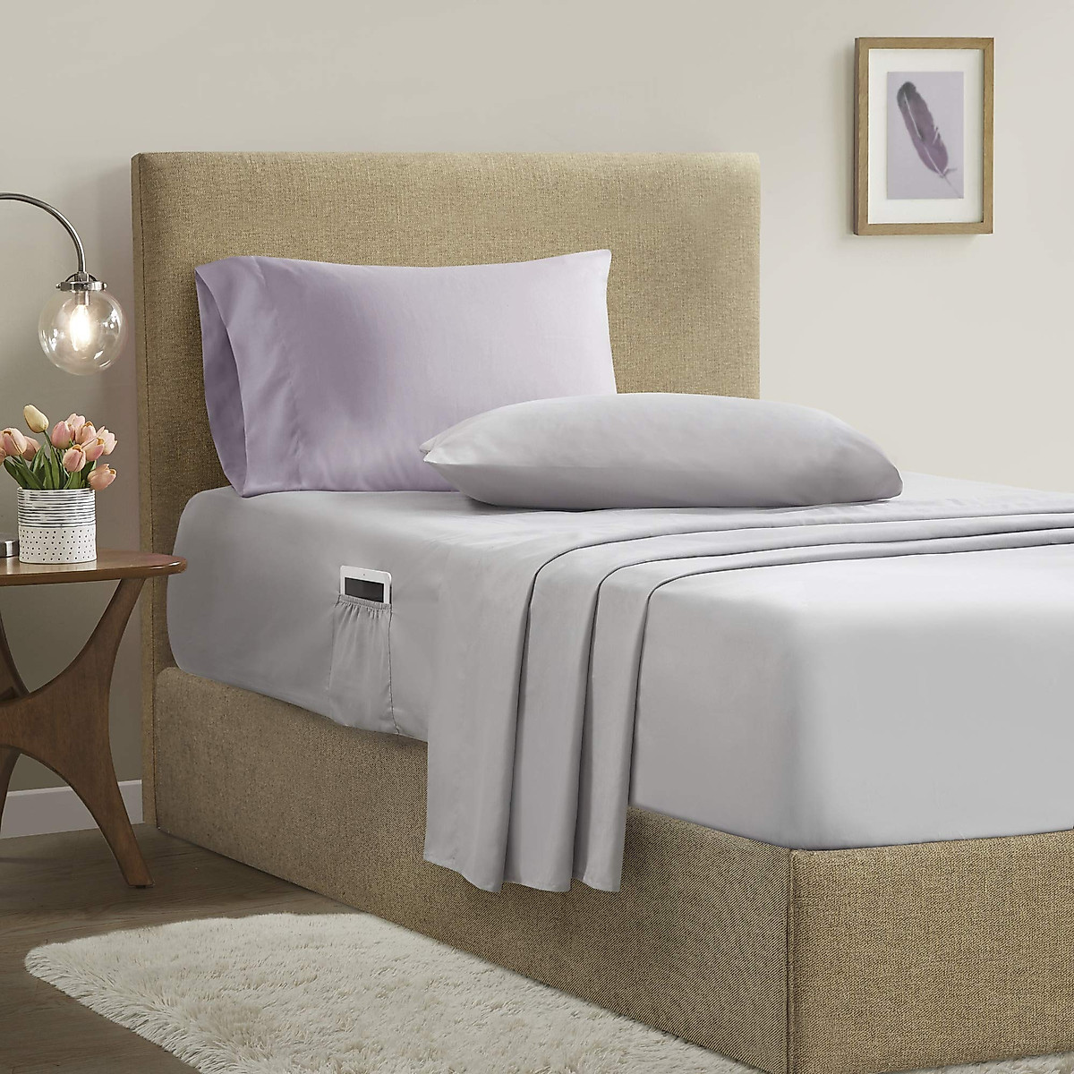 Comfort Spaces Bed in A Bag - Trendy Casual Design Cozy Comforter with Complete Sheet Set with Side Pocket, All Season Cover, Matching Shams Twin XL(66 in x 90 in), Kate, Grey/Purple 6 Piece