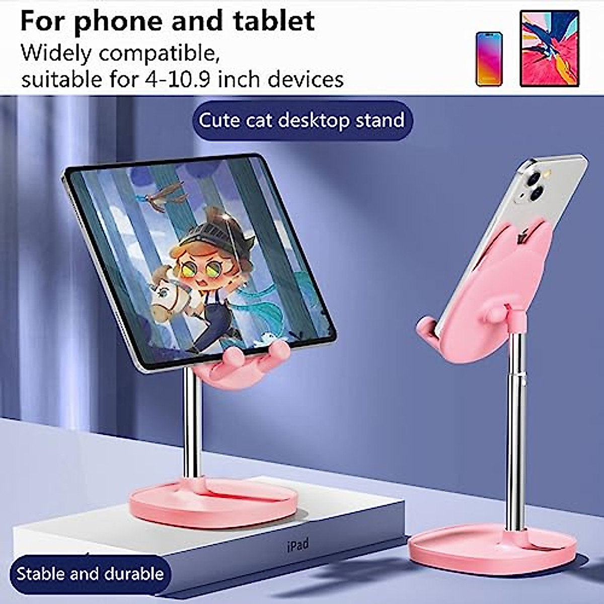 Hearsky Cute Cat Phone Stand, Cat Head Cell Phone Holder for Desk,Angle&Height Adjustable Compatible with All Smartphone,iPhone,Samsung,Tablet,iPad-Pink