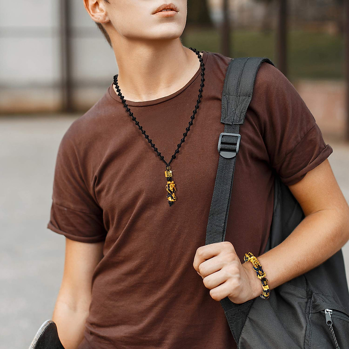 4 Pieces Feng Shui Pi Xiu Pi Yao Bracelet Necklace Set, Adjustable Feng Shui Lucky Nafu Wealth Necklaces Black Bead Bracelet with Hand Carved Amulet Bead (Six Thermochromism)