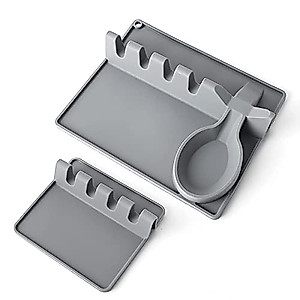 Silicone Spoon Rest, 2 in 1 Larger Size Silicone Spoon Holder for Stove Top, Upgraded Utensil Rest with Drip Pad Include 8 Slots & 1 Spoon Holder, Hang Hole Design, 2pcs, AHOUGER (Grey)