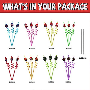 24 Spiderman Party Favors Reusable Spidey Drinking Straws 8 Designs Great for Spiderman Birthday Party Supplies with 2 Cleaning Brushes