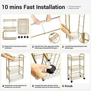 MNOPQ 3 Tier Rolling Utility Cart, Storage Trolley Service Cart with Wheels Easy Assembly for Kitchen, Living Room, Office, Salon, Gold
