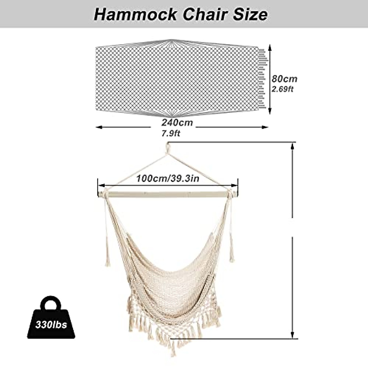 Hammock Chair，Max 330lbs, Large Hanging Chair, Soft Cotton Rope Swing Chair with High Load-Bearing Metal Rod,Indoor Outdoor Garden Yard Living Room Use