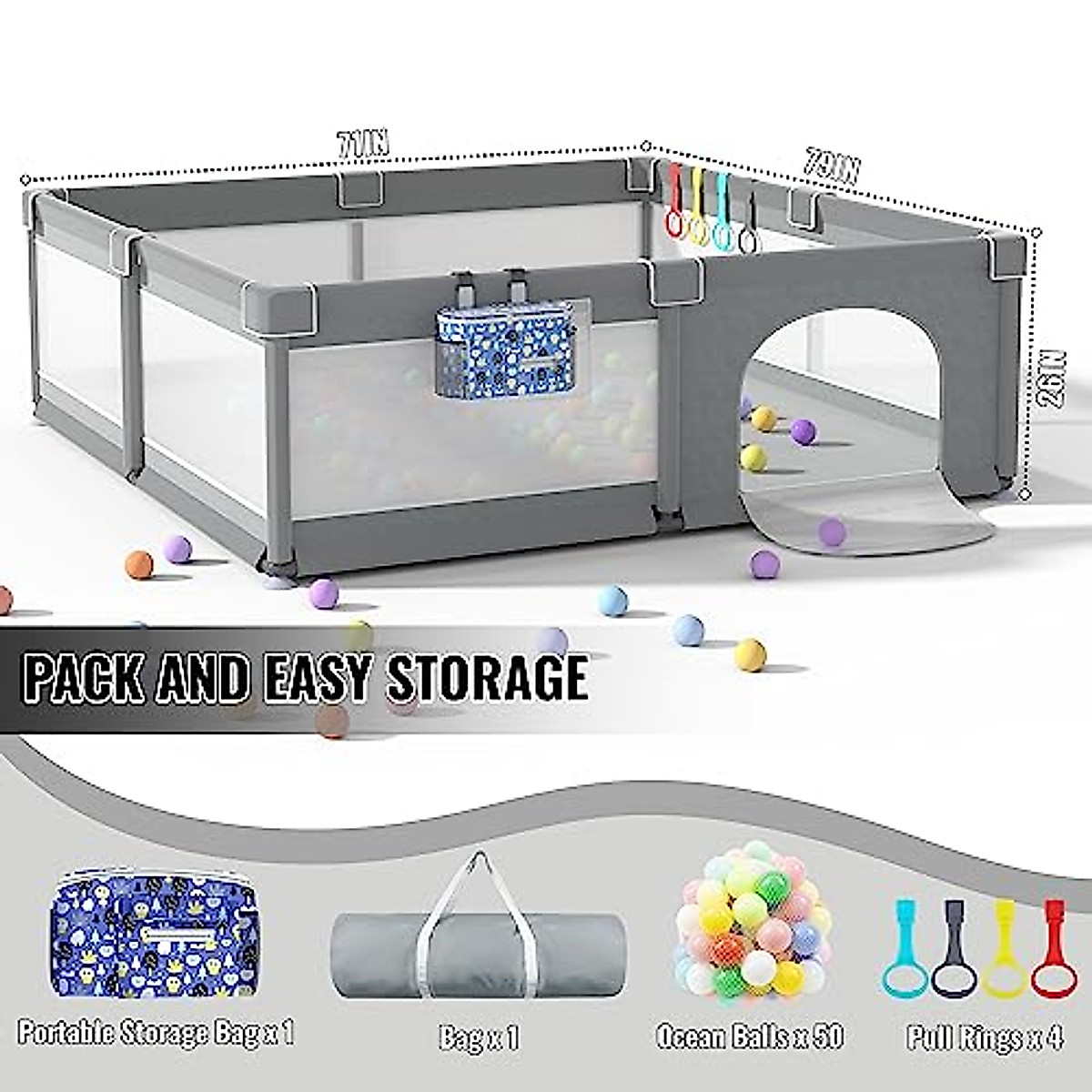 LUTIKIANG Baby Playpen, 79" X 71" Extra Large Playpen for Babies and Toddlers with Gates, Baby Play Yards, Baby Fence Play Area, Safety Indoor Baby Play Area with Ocean Balls (Grey)