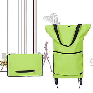 Hemoton Folding Shopping Cart with Wheels Oxford Cloth Portable Collapsible Grocery Cart Green