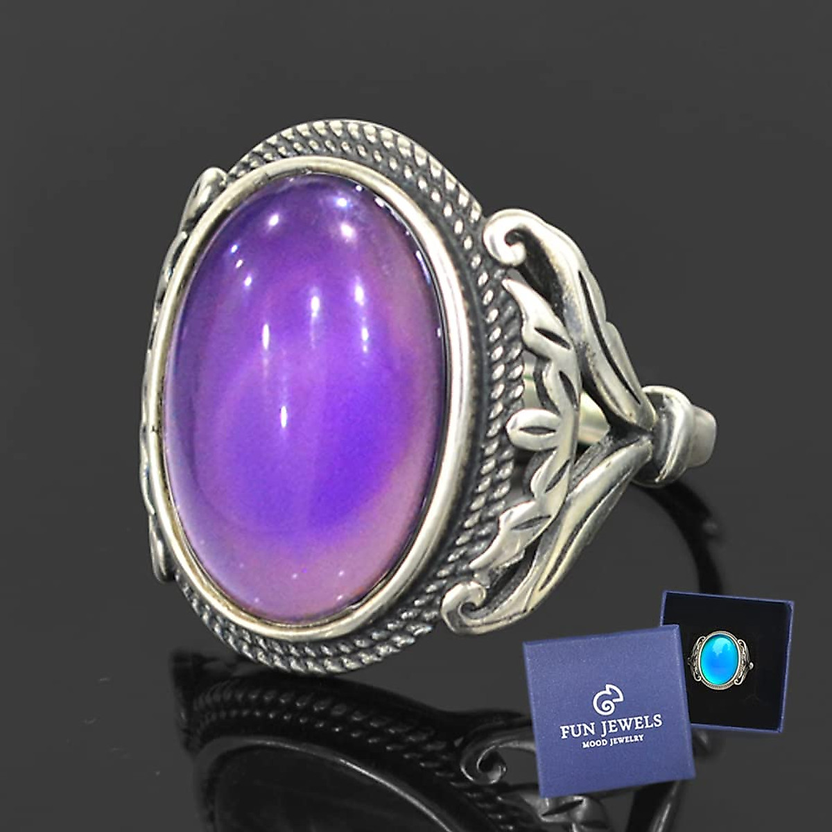 FUN JEWELS Burnished Sterling Silver Multi Color Change Oval Stone Mood Ring Size Adjustable