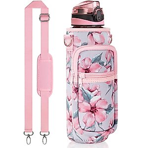 Fimibuke 32 oz Water Bottle with Sleeve - BPA Free Leakproof Sport Large 1L Plastic Motivational Water Bottle with Straw Strap Insulated Neoprene Holder Carrier Bag for Women Men (A4.Peach Blossom)