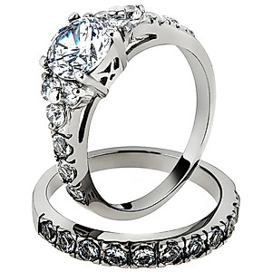 Marimor Jewelry His and Her 3 Piece Stainless Steel 2.50 Carat Cubic Zirconia Bridal Set and Men's Wedding Band Women's Size 07 Men's Size 12