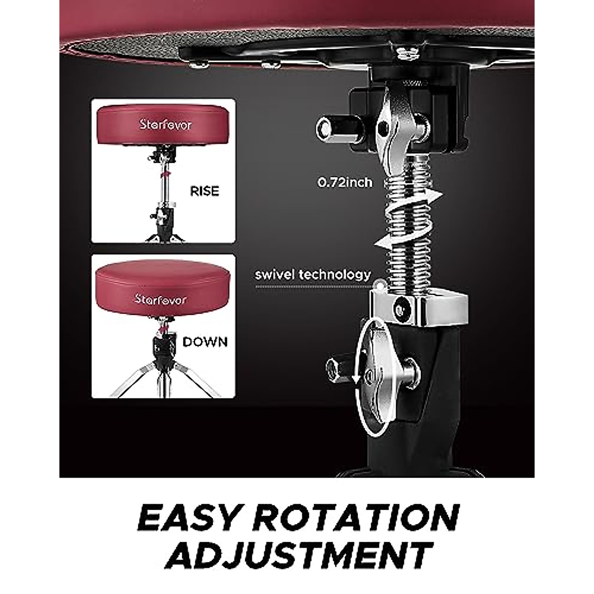 Starfavor Drum Throne Adjustable, Drum Stool Padded Drum Seat, Rotatable Drum Chair with Double Braced Anti-Slip Feet, Crimson Color, Red, ST-650 Stone