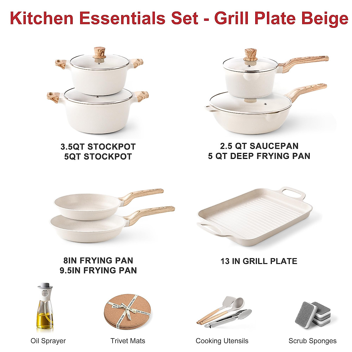 Pots and Pans Set - Caannasweis Nonstick Granite Stone Cookware Sets, Induction casseroles & Saucepan & Frying Pans for Cooking, PFOS PFOA Free, Grill Plate Gray