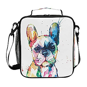 HMZXZ Watercolor French Bulldog Lunch Bag Box for Women Teens Girls Cooler Insulated Lunch Bag Tote Freezable Shoulder Strap Waterproof Picnic Meal, Multicolor, Size: 10.5x3.5x9.5 Inch