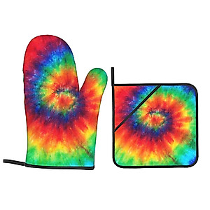 Oven Mitts and Pot Holders,4 Piece Tie Dye Rainbow Printed Heat Resistant Comfortable Oven Gloves for Cooking