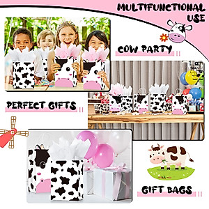 Nezyo 16 Set Cow Party Favors Bag with Tissue Paper and Stickers, Cow Print Gifts Bags with Handles, Farm Themed Goodie Treat Candy Kraft Paper Bags for Kids Cow Farm Animals Birthday Party Supplies