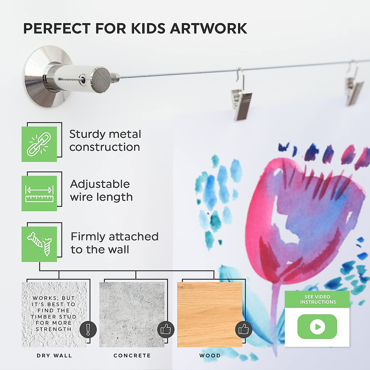 Art Display for Kids Artwork - 10ft Alloy Steel Wire with 48 Clips | Willow & Eva