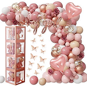132pcs Rose Gold Baby Shower Decorations with Girl Baby Boxes, Boho Blush Pink Tan Butterfly Balloon Arch Kit Baby Box with Letters for Women Birthday Bridal Wedding Tea Party Valentine’s Day