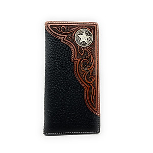 Texas West Western Tooled Genuine Leather Star Men's Long Bifold Wallet (Black)