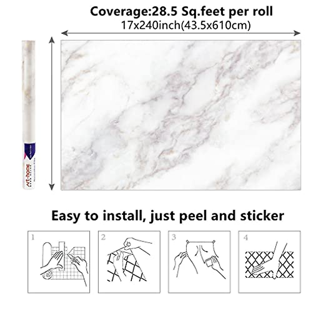 Arthome Marble Contact Paper Peel and Stick Wallpaper 17''x240'' Self Adhesive Decorative Vinyl Film Waterproof for Table,Countertop,Cabinet,Shelf Liner Removable Stick On Wall Covering