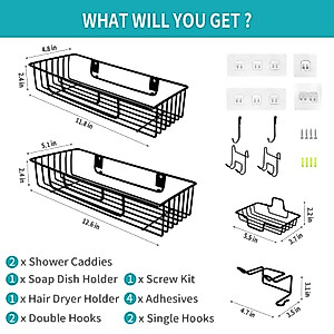EATAKWARD 4 Pack Shower Caddy Basket Shelf with Soap Dish,Hair Dryer Holder &Hooks Strong Adhesive Wall Mounted Shelf Organizer Storage Rack 304 Stainless Steel Shelves for Bathroom Kitchen, Black
