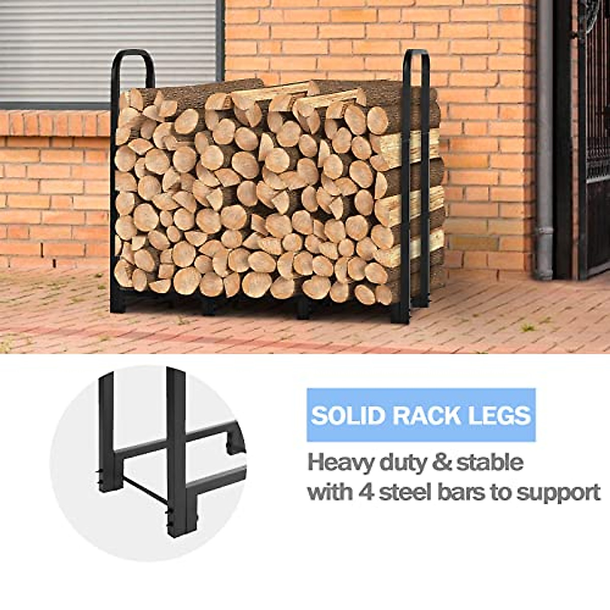 WEASHUME 4ft Outdoor Firewood Rack Holder Heavy Duty Firewood Rack Stand Logs Holder Metal Wood Pile Storage Stacker Organizer for Fireplace Outdoor&Indoor
